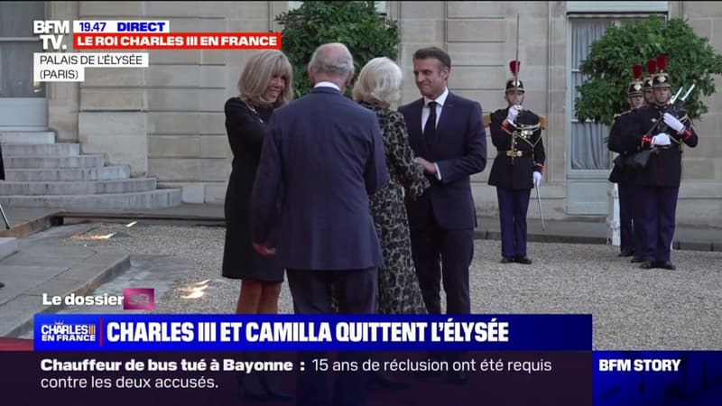 Charles III et la reine Camilla quittent le palais de l’Élysée après leur entretien avec ...
